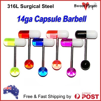 Capsule Pill Barbell Tongue Surgical Steel 316L Body Piercing 6 Colours ...