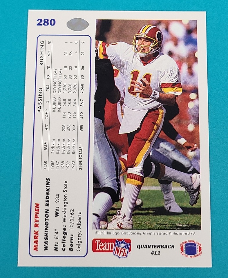 1991 Upper Deck #280 Mark Rypien Washington Redskins FOOTBALL Card R6 ...