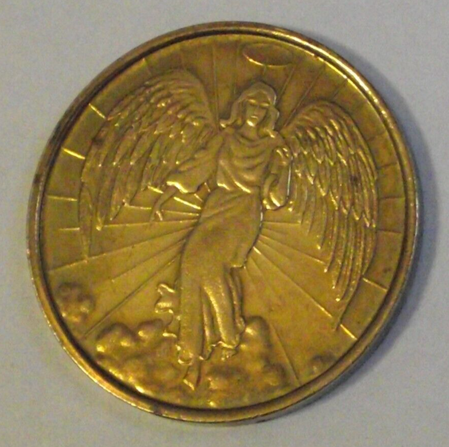 Vtg Gold tone double sided Guardian Angel pocket protection coin token ...
