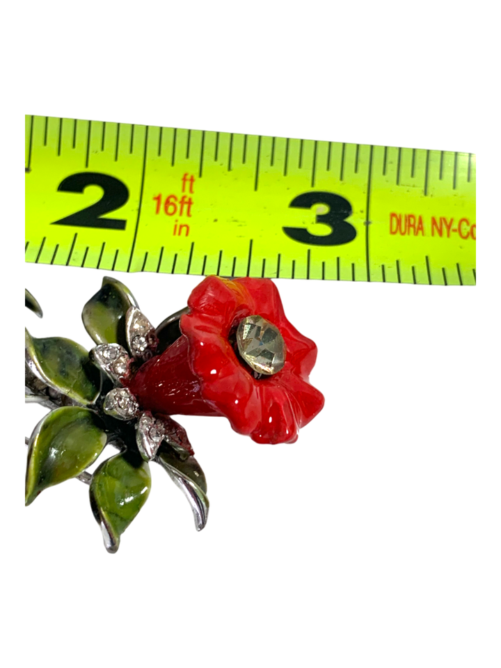 1950s Signed Coro Red Enamel Daffodil & Rhinestone Long Stem Flower ...