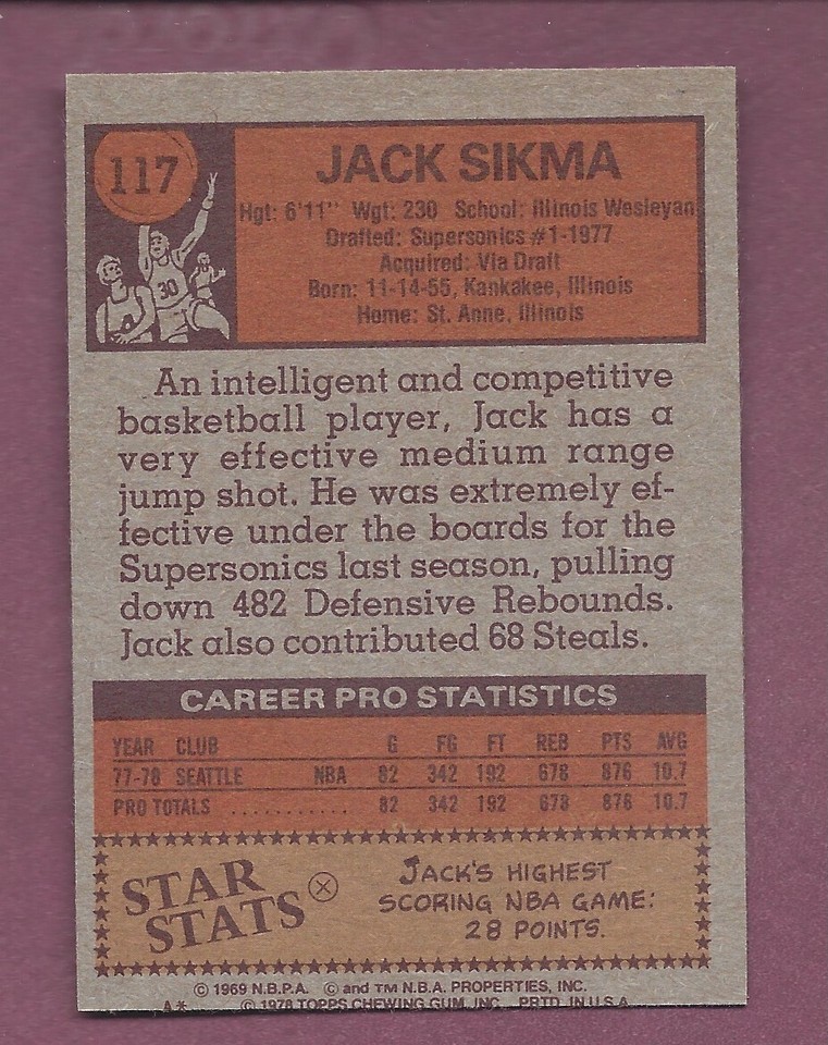 SHARP PACK FRESH 1978 TOPPS #117 JACK SIKMA ROOKIE RC .99 SHIPPING Q218 ...