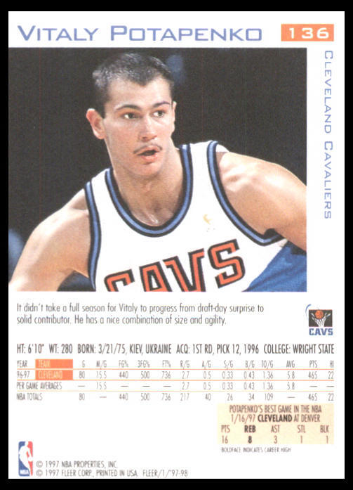 1997 Fleer #136 Vitaly Potapenko Cleveland Cavaliers Basketball Card | eBay
