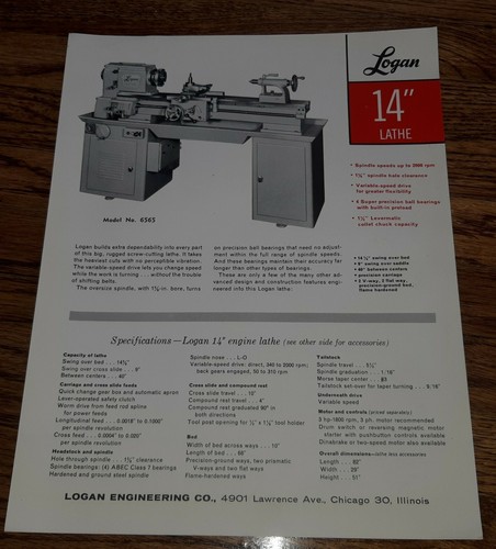 14" LOGAN LATHE model 6565/Turret 6530 sales promo flyer POWERMATIC vtg ...