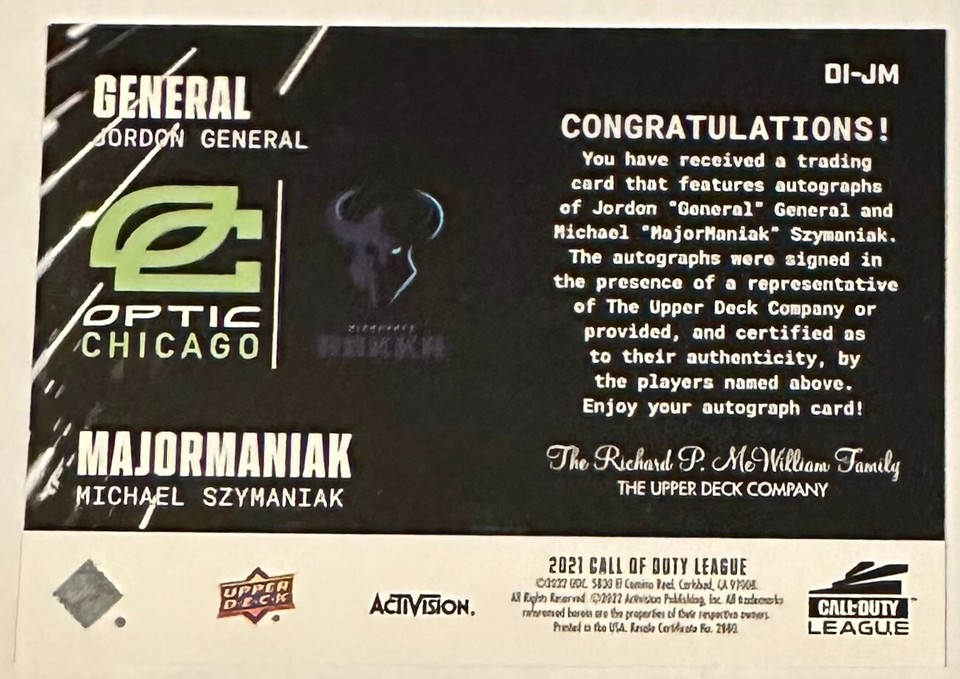 2021 Upper Deck Call of Duty League Duo Ink General Majormaniak AUTO # ...