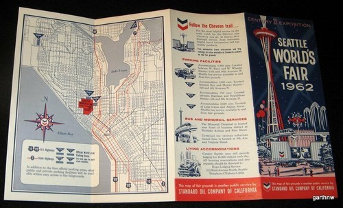 SEATTLE WORLDS FAIR 1962 FAIRGROUNDS PICTORIAL MAP + CITY STANDARD OIL ...