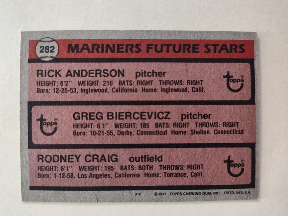 RICK ANDERSON Seattle MARINERS 1981 TOPPS Future Stars BASEBALL CARD ...
