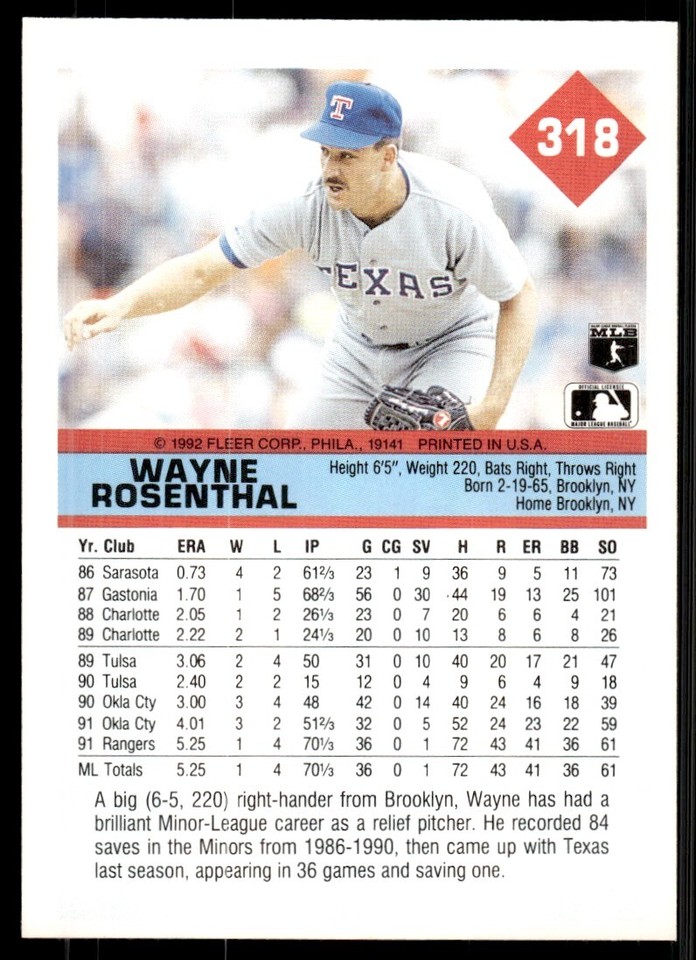 1992 Fleer Baseball Card Wayne Rosenthal Texas Rangers #318 | eBay