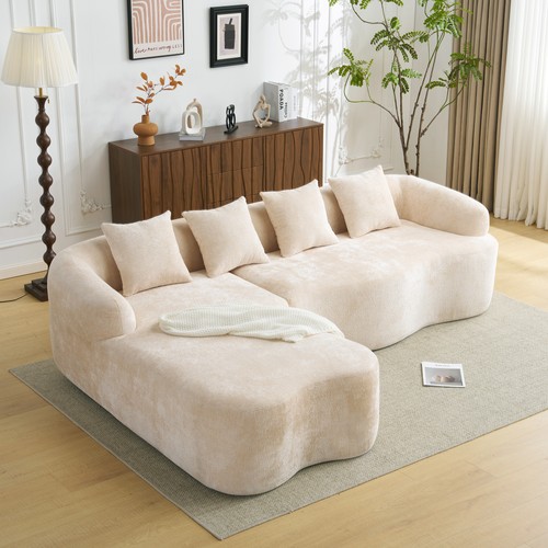Full Compression L-Shape Sectional Sofa w/Curved Chaise，Beige Modular ...