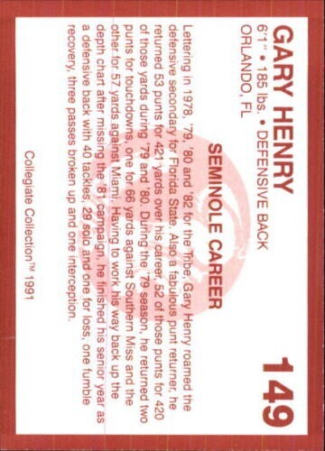 1990-91 Florida State Collegiate Collection Multi-Sport Card #149 Gary ...