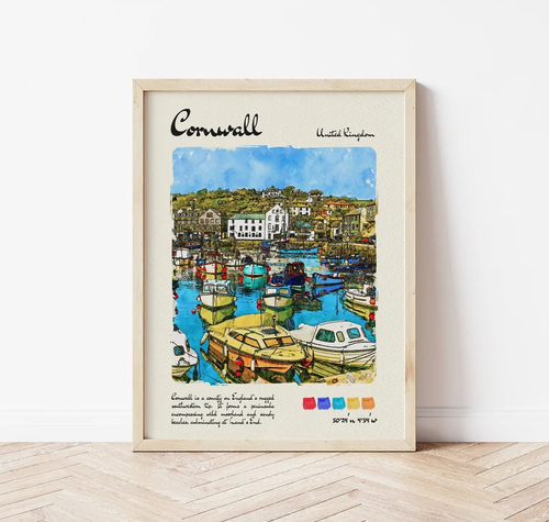Cornwall Travel Poster | Watercolour & Ink Design Digital Art Print ...