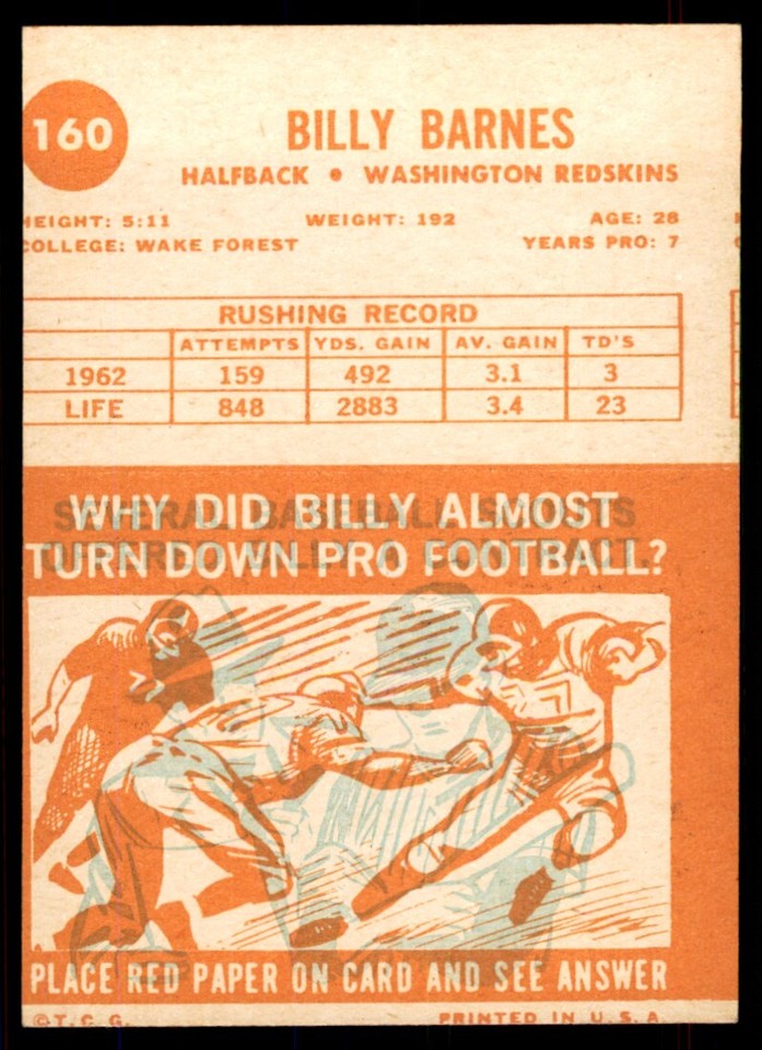 1963 Topps Billy Barnes Washington Redskins #160 | eBay