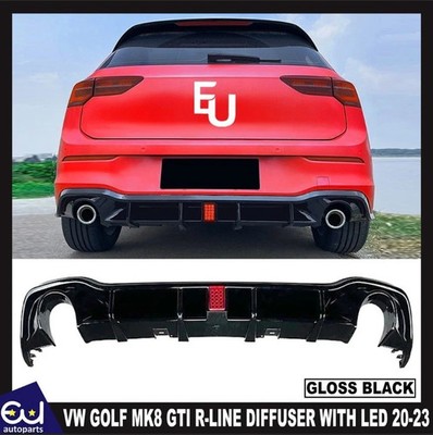 FOR VW GOLF MK8 GTI R-LINE REAR DIFFUSER WITH LED BRAKE LIGHT GLOSS ...