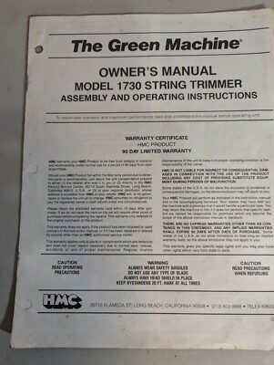 The Green Machine Trimmer Model 1730 Owners Operators Manual Only HMC ...