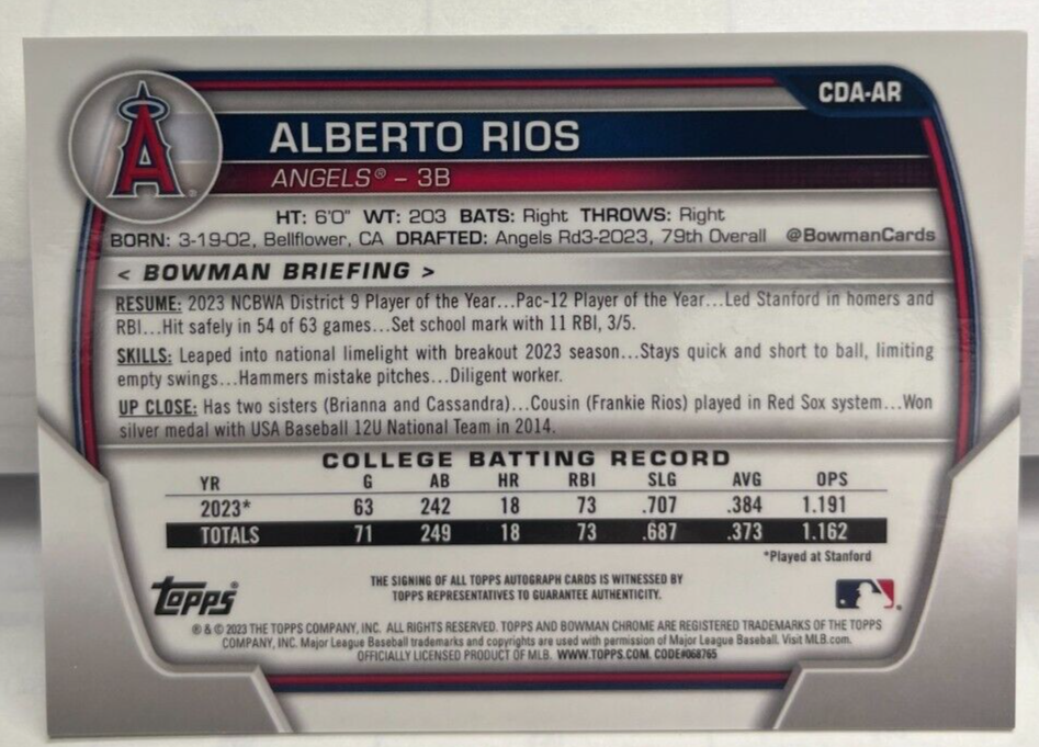 Alberto Rios 2023 Bowman Draft Chrome Prospect Autographe Auto # Cda-Ar ...
