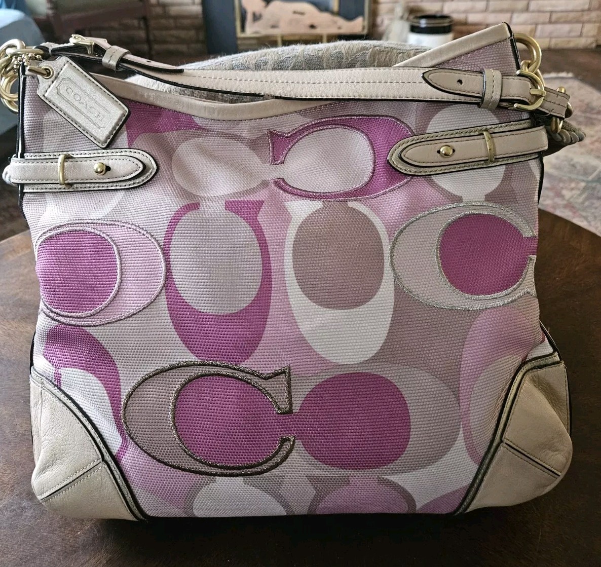 Coach Colette Pink Tan Signature Beige Leather Hobo B… - Gem