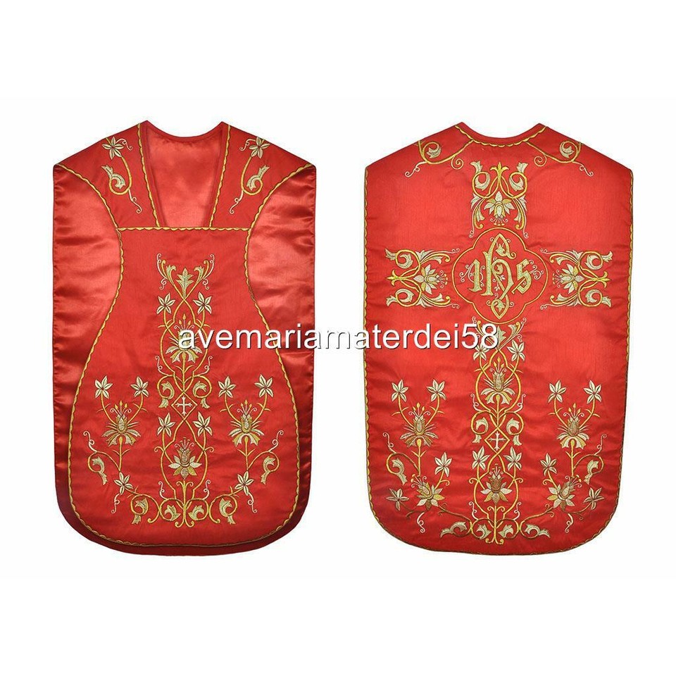 Red Solemn High Mass Vestment Set Fiddleback,Dalmatic,Tunicle,Stoles ...
