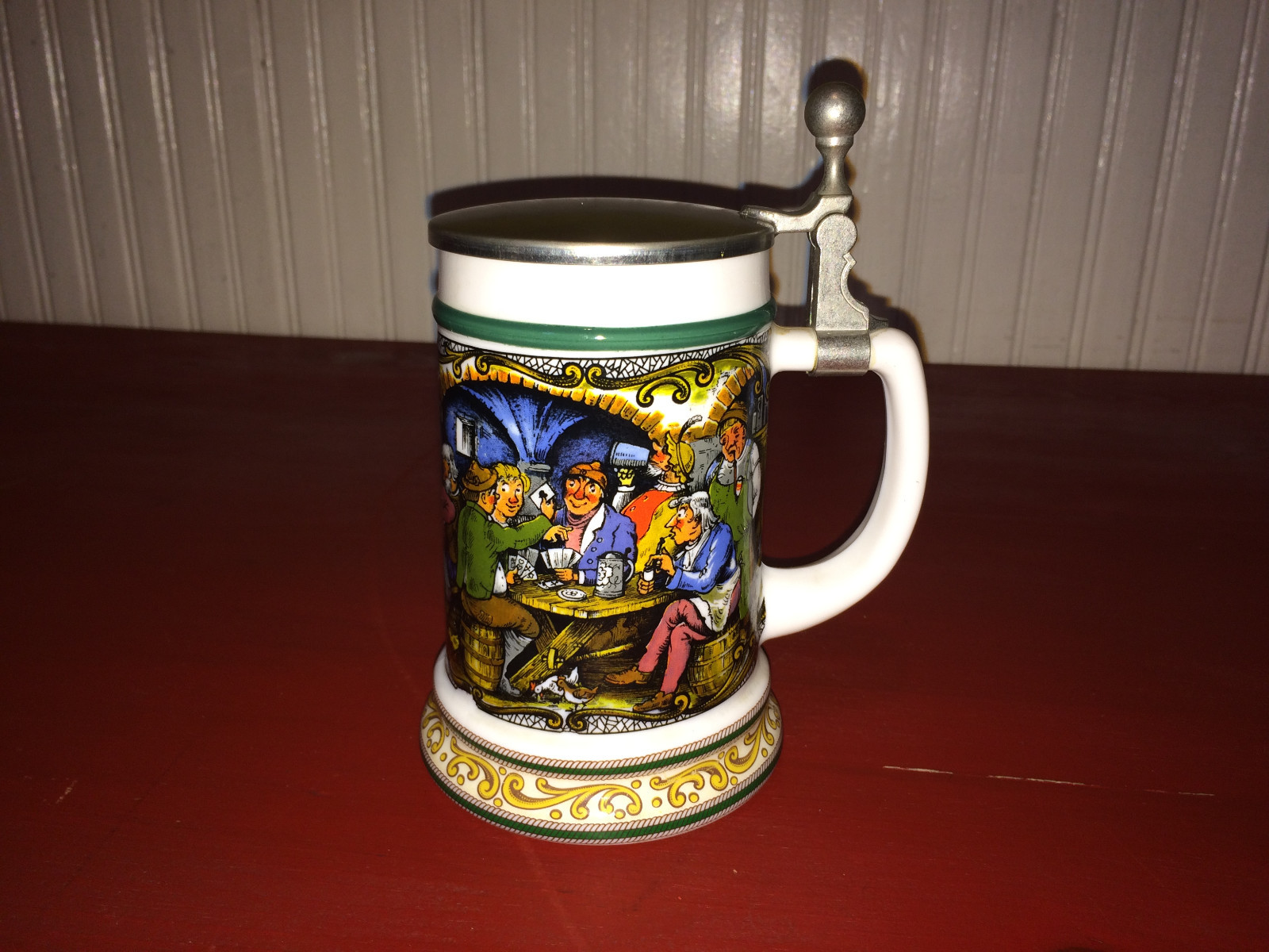 Original German BMF Bierseidel Milk Glass Pub Scene Lidded Beer Stein ...