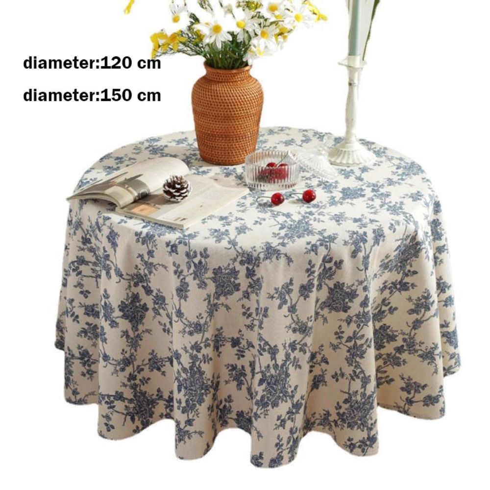 Blue Small Round Table Cloth Cotton Linen Blue Printed Tablecloth ...