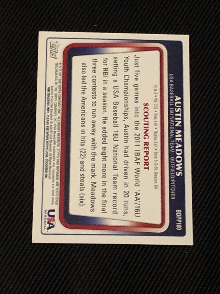 AUSTIN MEADOWS 2011 BOWMAN USA BASEBALL ROOKIE SIGNED AUTOGRAPHED CARD ...