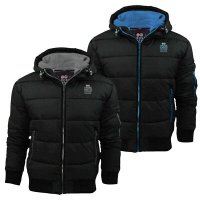 Mens Crosshatch Quilted Padded Hood Jacket Fleece Lined Winter Coat ...