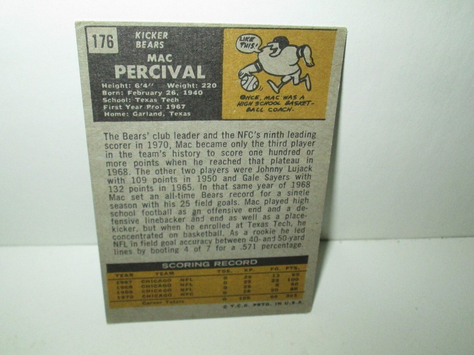 MAC PERCIVAL 1971 FOOTBALL CARD Topps #176 Texas Tech CHICAGO BEARS ...