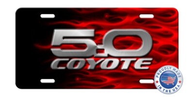 5.0 COYOTE Inspired Art Silver Red Flames Aluminum License Plate Tag ...