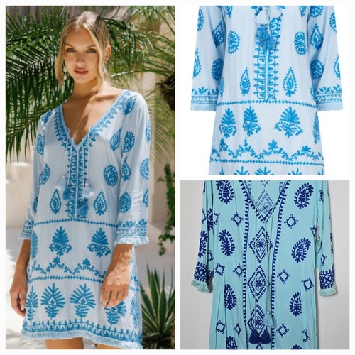NWT PRANELLA Embroidered Blue Aggie Dress/ Luxury Beach Cover Up Size ...