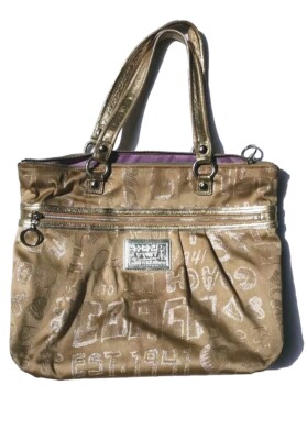 Vtg Coach Poppy Satchel Bag Tote Purse Glam Story Patch GOLD Large ...