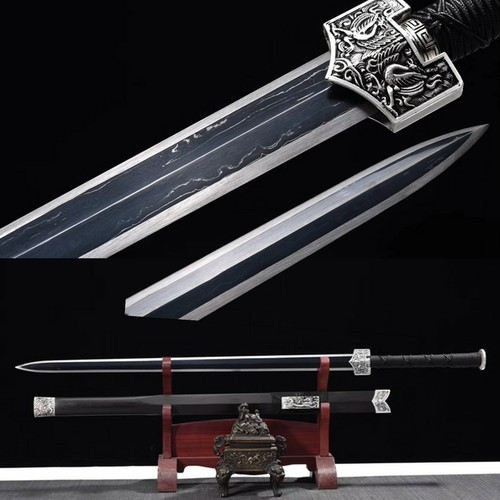 Handmade Folded Steel Black blade Chinese Han Jian Sword Combat Sharp ...