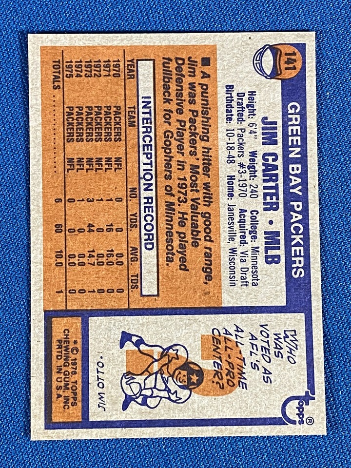 1976 Topps Jim Carter Football Card #141 Green Bay Packers EX | eBay