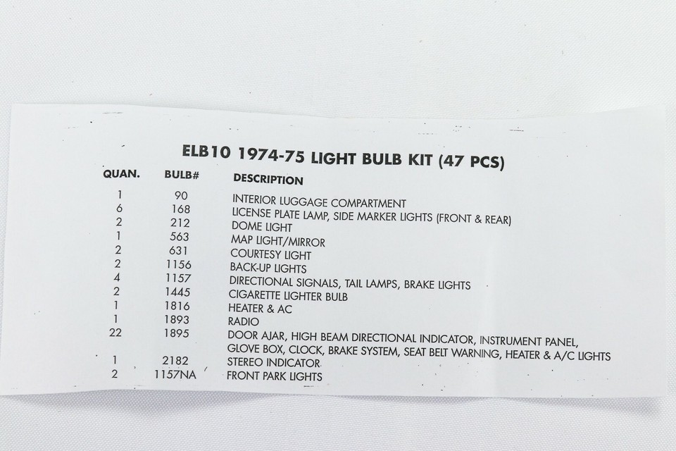 1974 - 1975 Corvette Light Bulb Kit Lamp Interior and Exterior 47 ...