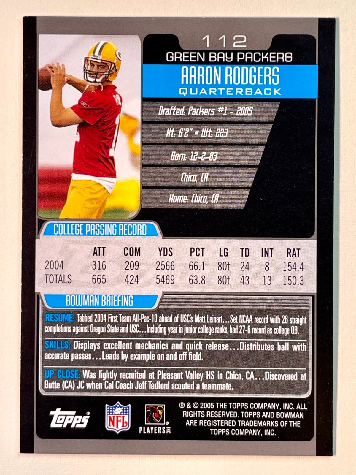 2005 Bowman Football Aaron Rodgers Rookie Card RC #112 Packers/Jets QB ...