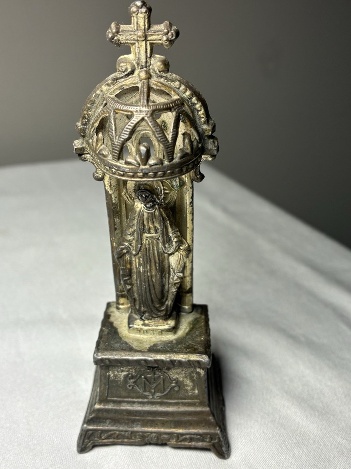 Vtg Japanese Antimony 4.5” Altar Shrine Virgin Mary Miraculous Design ...