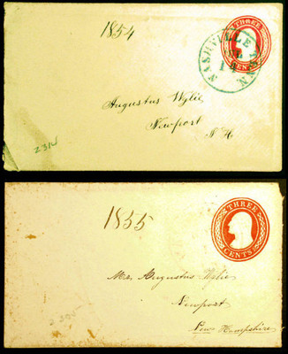 3c Red 1854 & 1855 Embossed Envelopes Both Sent to Augustus Wylie 2 ...