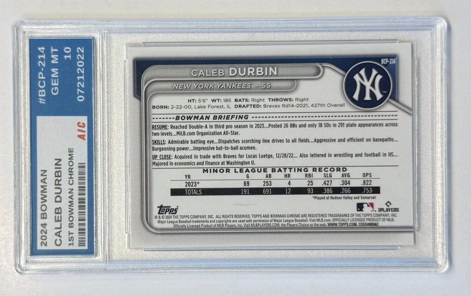 2024 Caleb Durbin 1st Bowman Chrome Rookie Card #BCP-214 Mint Graded 10 ...