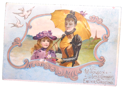 Victorian Easter Trade Card Lion Coffee Lady Girl Gold Parasol Doves #K ...