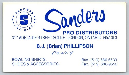 Business Card London ON Sanders Pro Dist Bowling Shirts etc BJ Brian ...