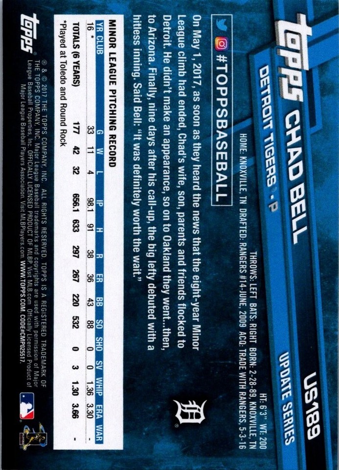 2017 Topps Update #US189 Chad Bell RC Detroit Tigers | eBay