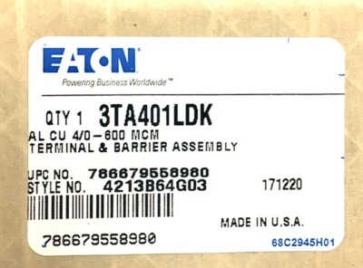 EATON CUTLER HAMMER 3TA401LDK L Frame TYPE LD HLD LUG Terminal Kit ...