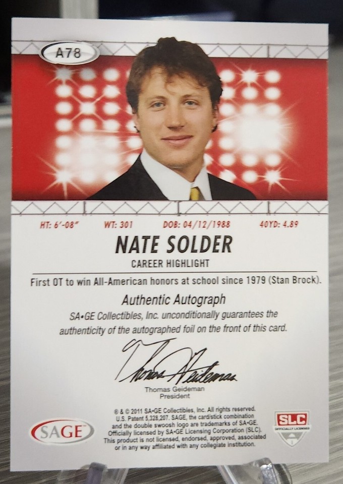 Nate Solder 2011 SAGE Hit Autograph #A78 New England Patriots/New York ...