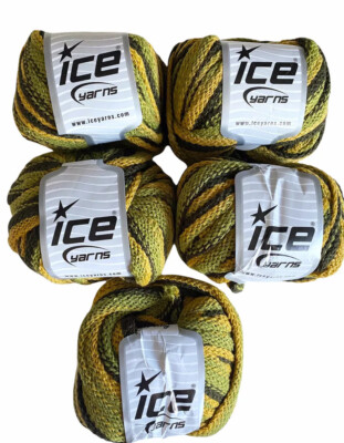 Lot of 5 skeins ICE yarns Frilly/ ruffle ribbon yarn mustard/greens col ...