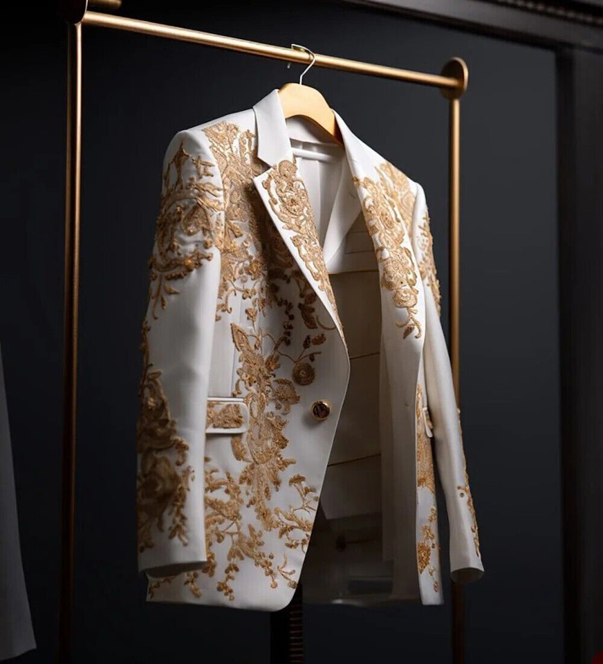 Men White Suit Jacket with Golden Embroiedery Exquisite Elegant Tuxedo ...