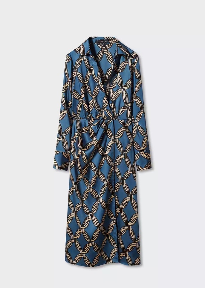 Mango Chain Geo Print Satin Wrap Detail Shirt Straight MIDI Dress Blue ...