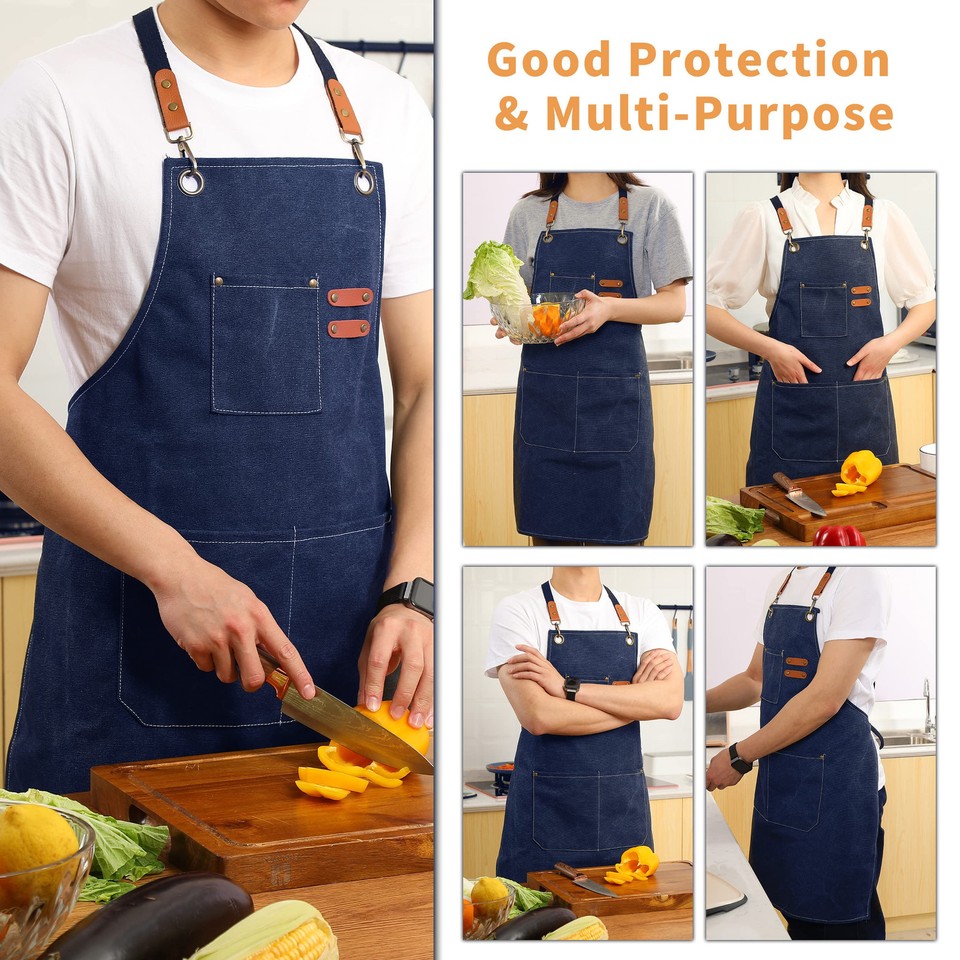 Canvas Cross Back Chef Cotton Aprons for Men Women with Large Pockets ...