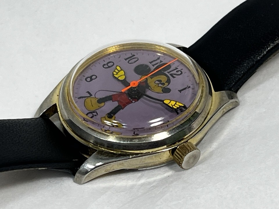 NICE! Vintage Mickey Mouse Mechanical Wind Watch w/Purple Dial & Red ...