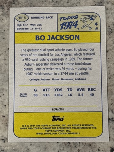 2024 Topps Chrome 1974 Topps Bo Jackson Refractor #74TF-21 Los Angeles ...