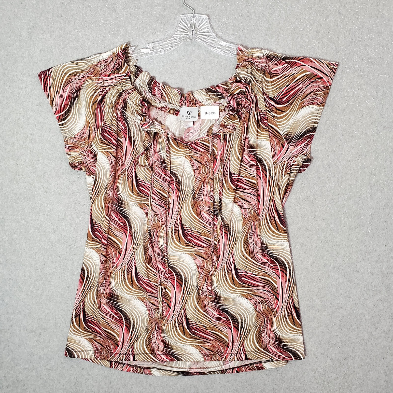 Worthington Women Top XL Pink Swirly Print Blouse Stretch Short Sleeve ...