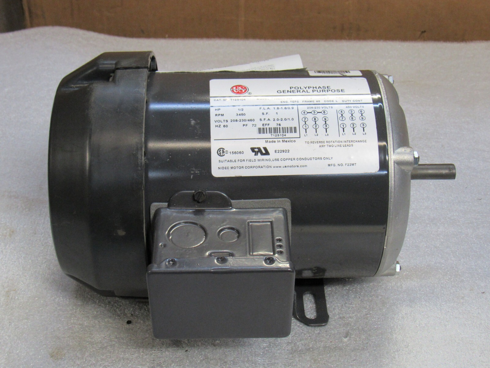 NEW US MOTORS POLYPHASE MOTOR T12S1D4 1/2 HP 208-230/460V 3PH 48 FRAME ...
