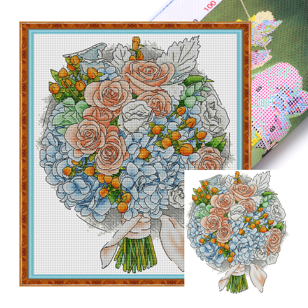 Embroidery Eco-cotton Thread 14CT Printed Orange Rose Bouquet Cross ...