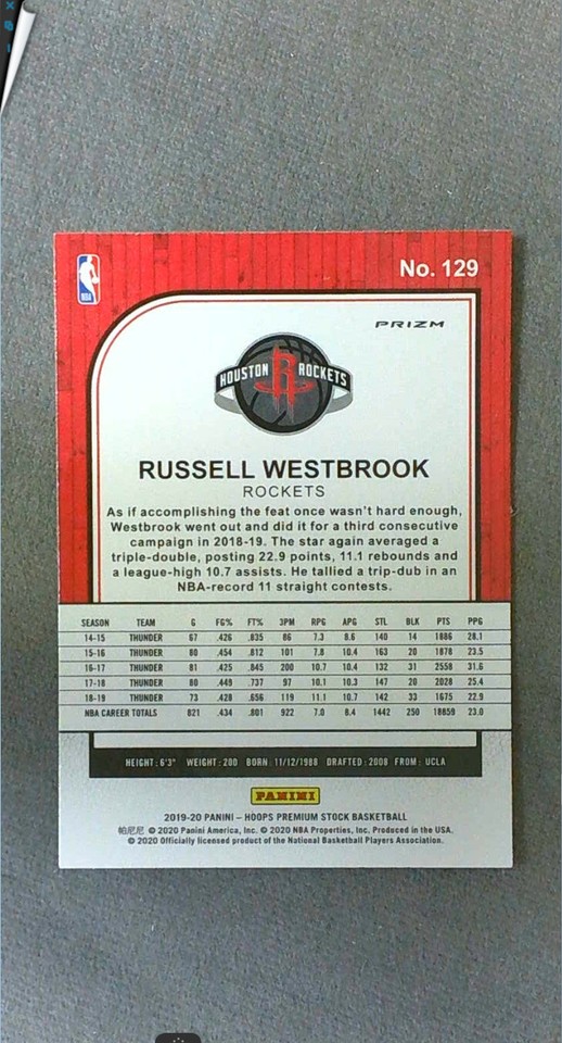 2019-20 Hoops Premium Stock Green Prizm #129 Russell Westbrook Rockets ...